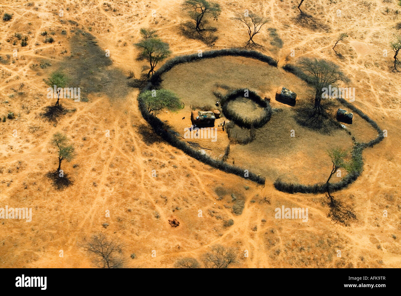 Aerial view of a Manyatta, the traditional homestead of tribal Samburu ...