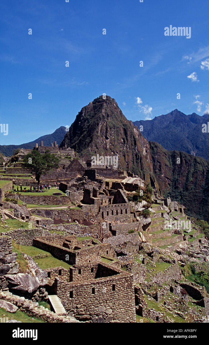 The ancient Inca citadel of Machu Picchu with the prominent peak of ...