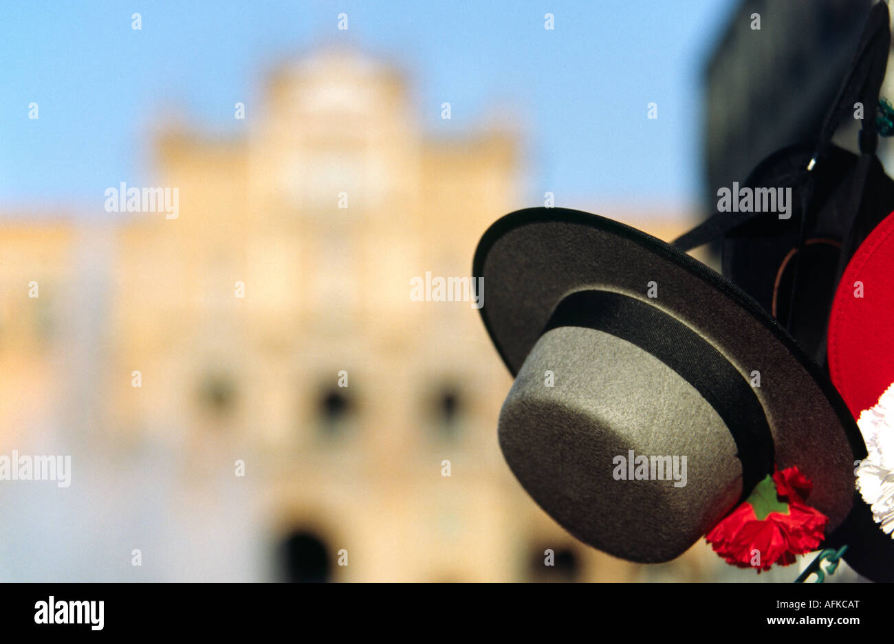 A Spanish gaucho hat hangs in front of the Plaza de Espana in Seville ...