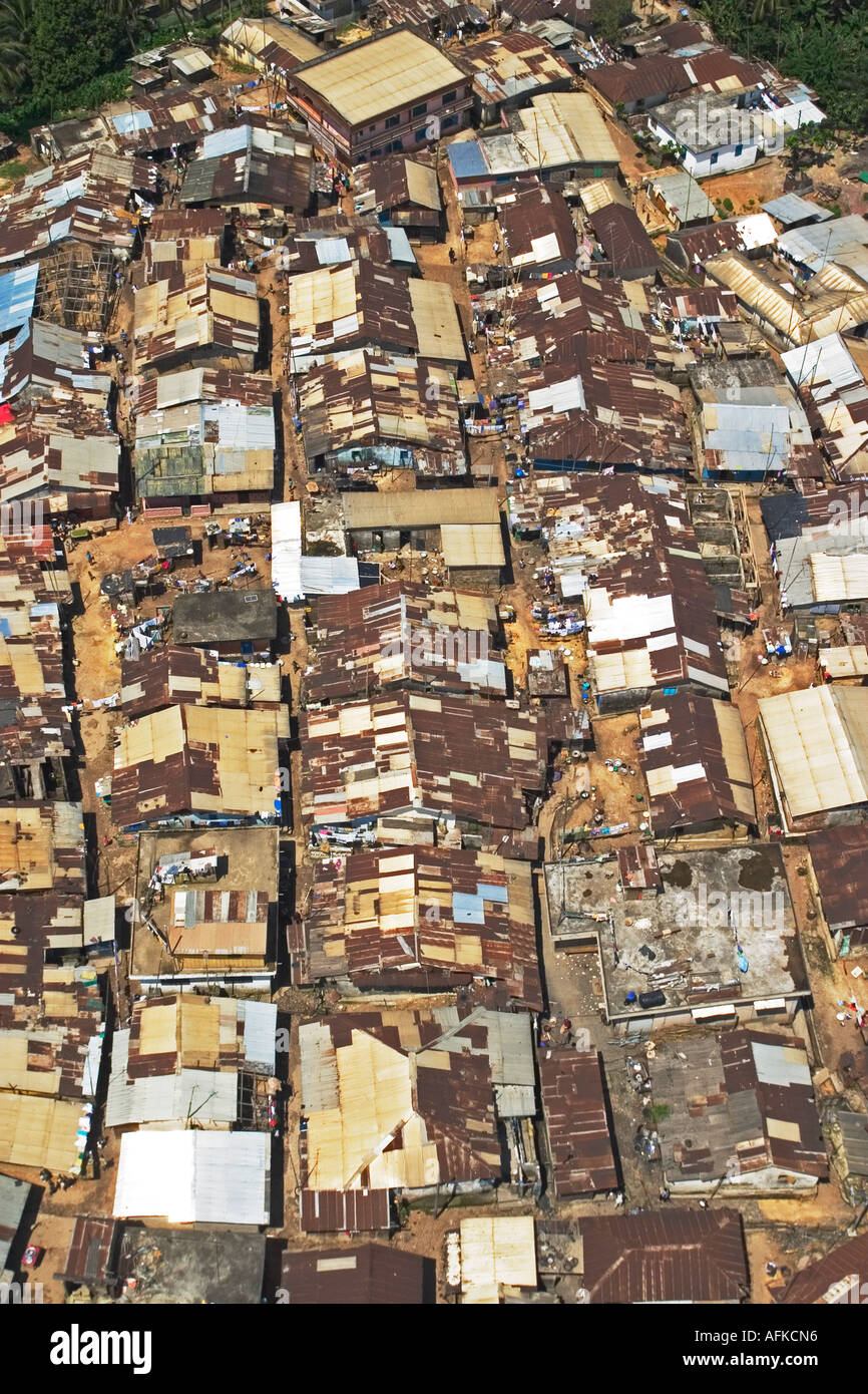 Aerial view of currugated iron rooftops, Prestea, Ghana, West Africa ...