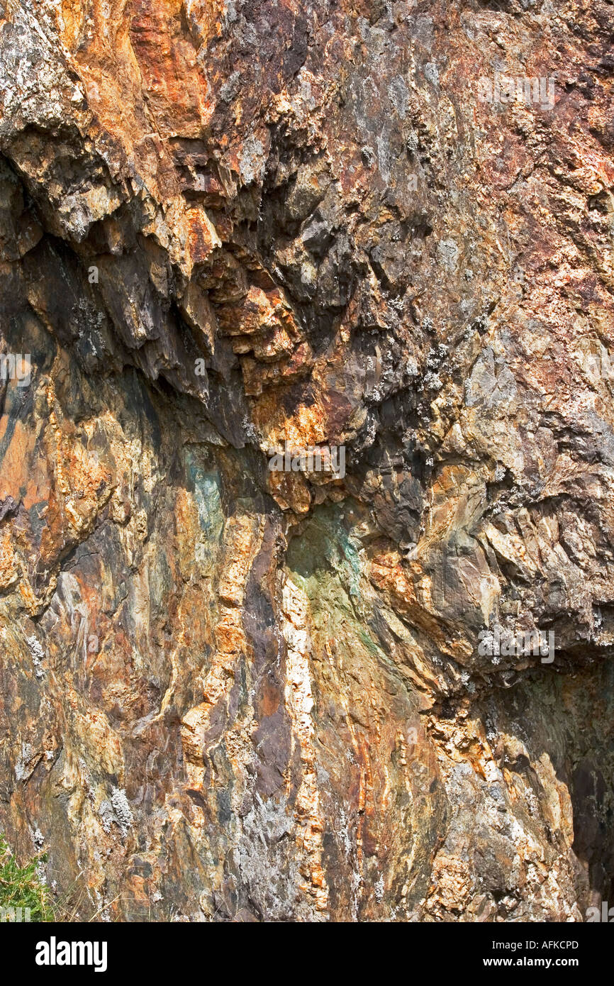 Copper rich veins of rock in disused coppermine, Allihies, County Cork ...