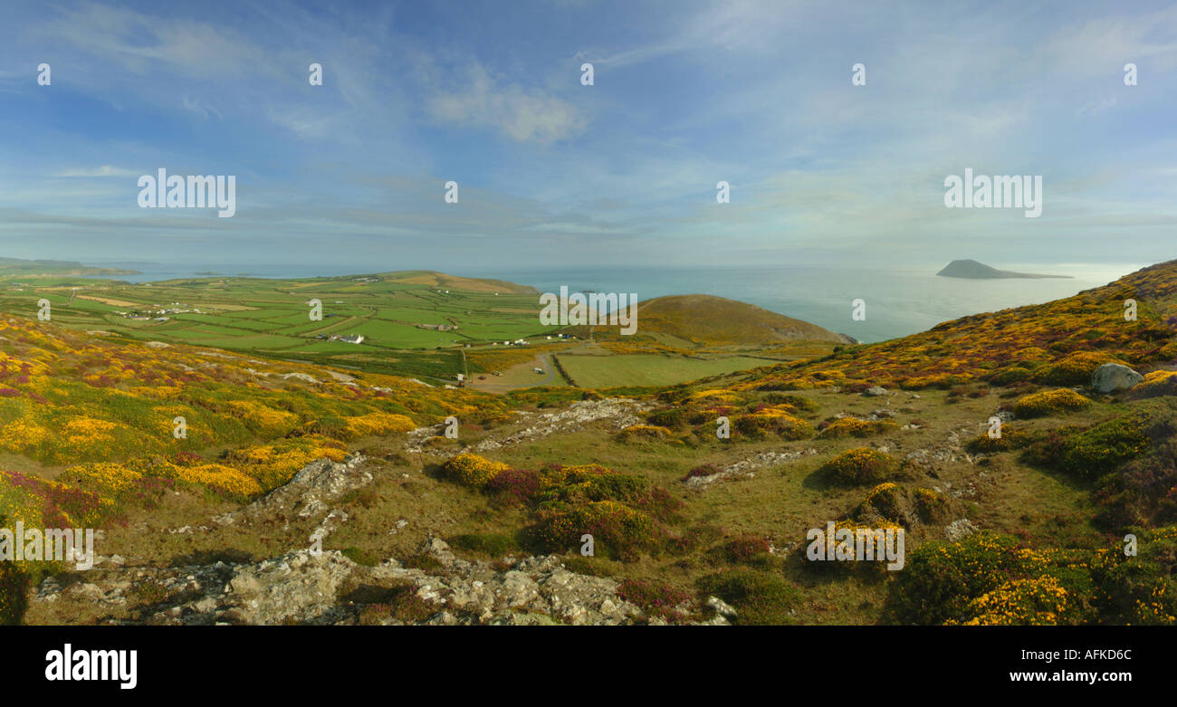 Bardsey island from Mynydd Mawr Cardigan Bay Wales U K Europe Ynys ...
