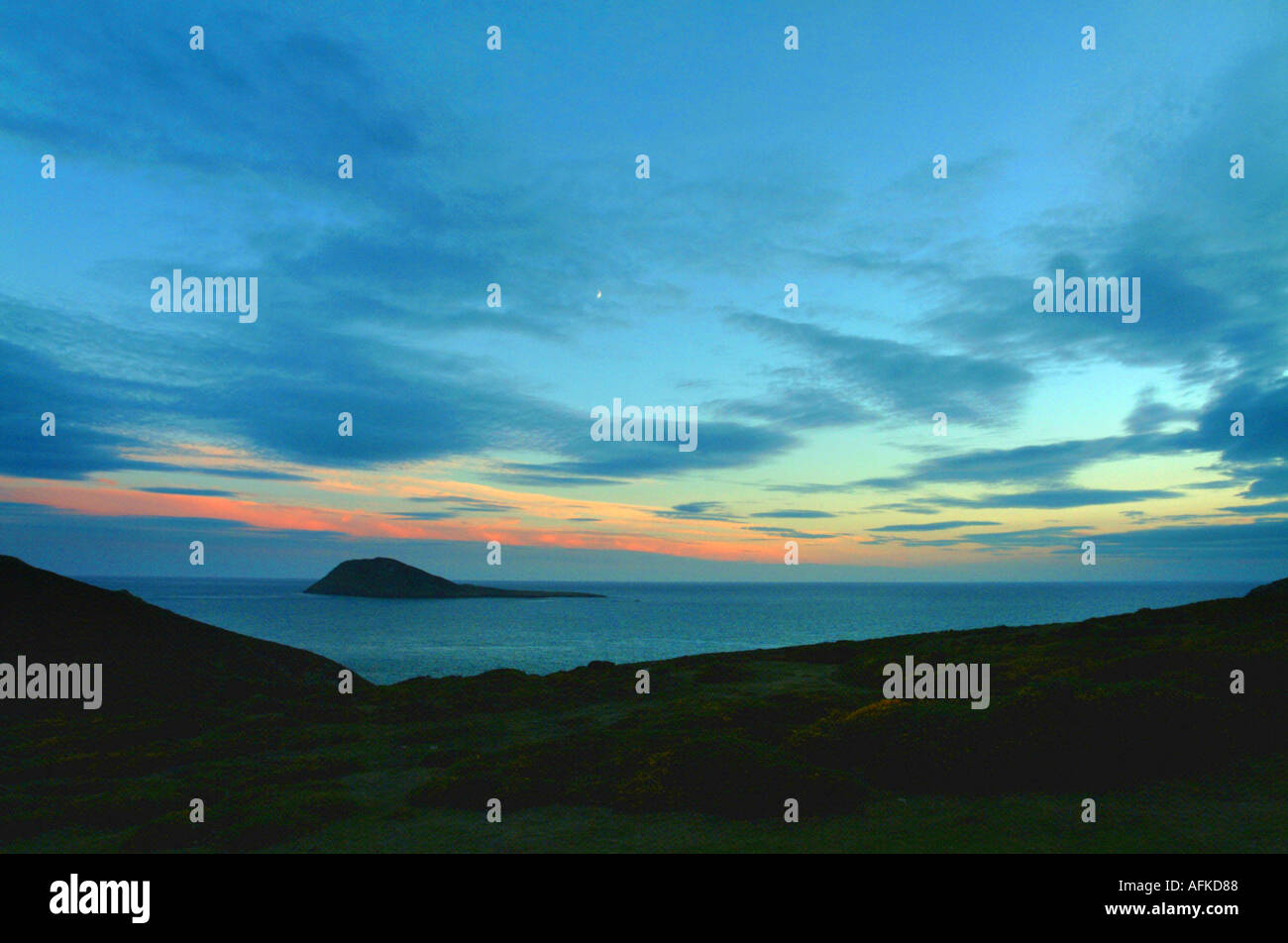 Bardsey island from Mynydd Mawr Cardigan Bay Wales U K Europe Ynys ...