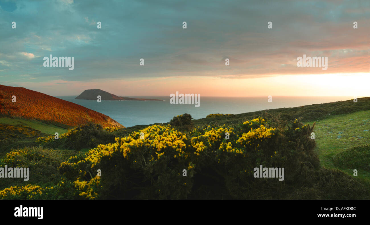 Bardsey island from Mynydd Mawr Cardigan Bay Wales U K Europe Ynys ...