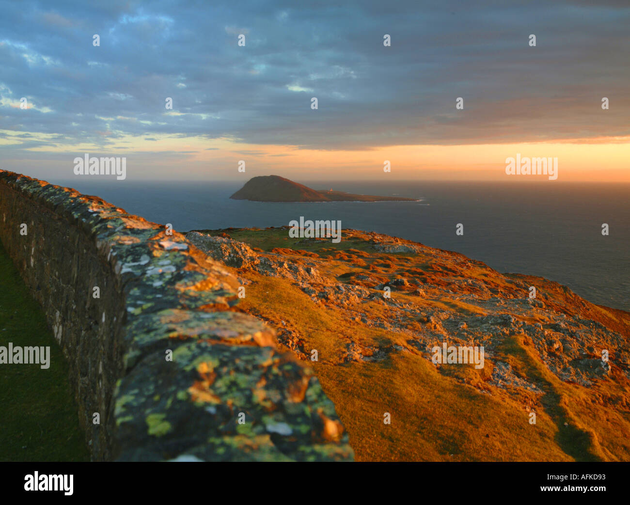 Bardsey island from Mynydd Mawr Cardigan Bay Wales U K Europe Ynys ...