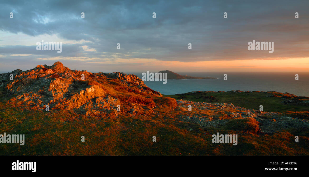 Bardsey island from Mynydd Mawr Cardigan Bay Wales U K Europe Ynys ...