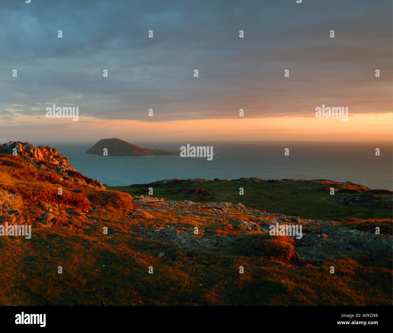 Bardsey island from Mynydd Mawr Cardigan Bay Wales U K Europe Ynys ...