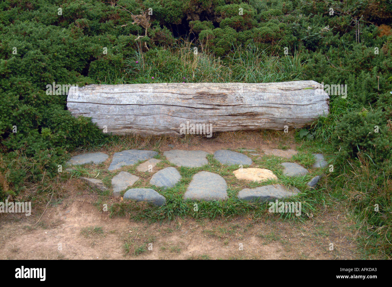 Log seat on footpath with carved graffiti Aberdaron Stock Photo - Alamy