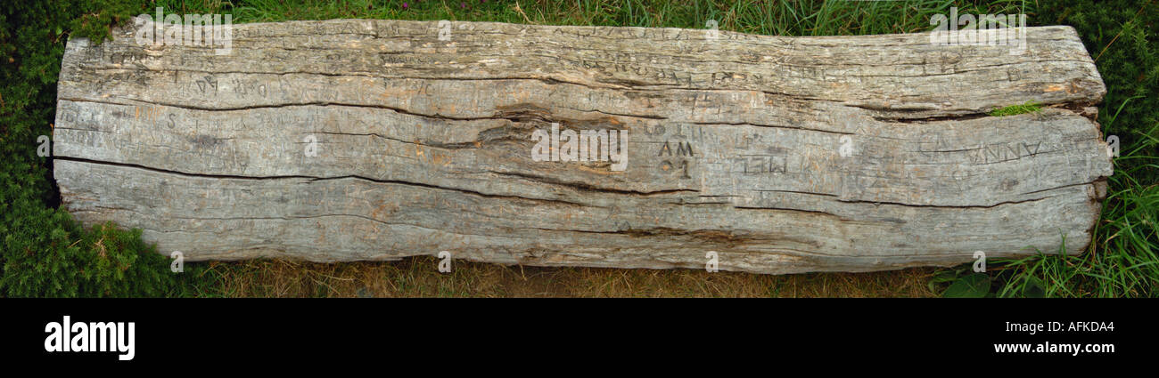 Log seat on footpath with carved graffiti Aberdaron Stock Photo - Alamy