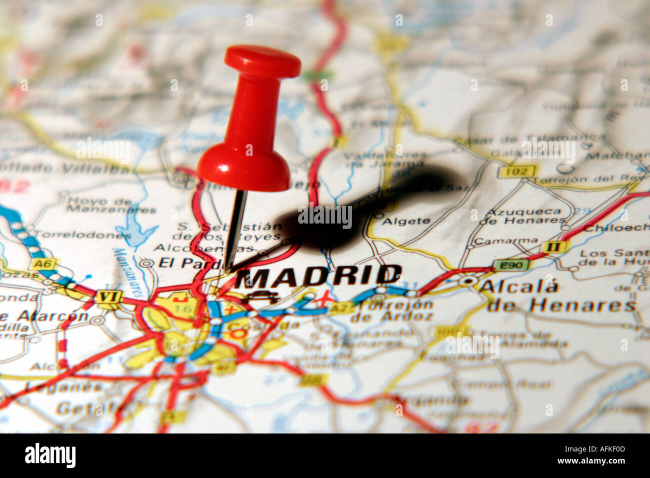 Map Pin pointing to Madrid on a road map Stock Photo - Alamy