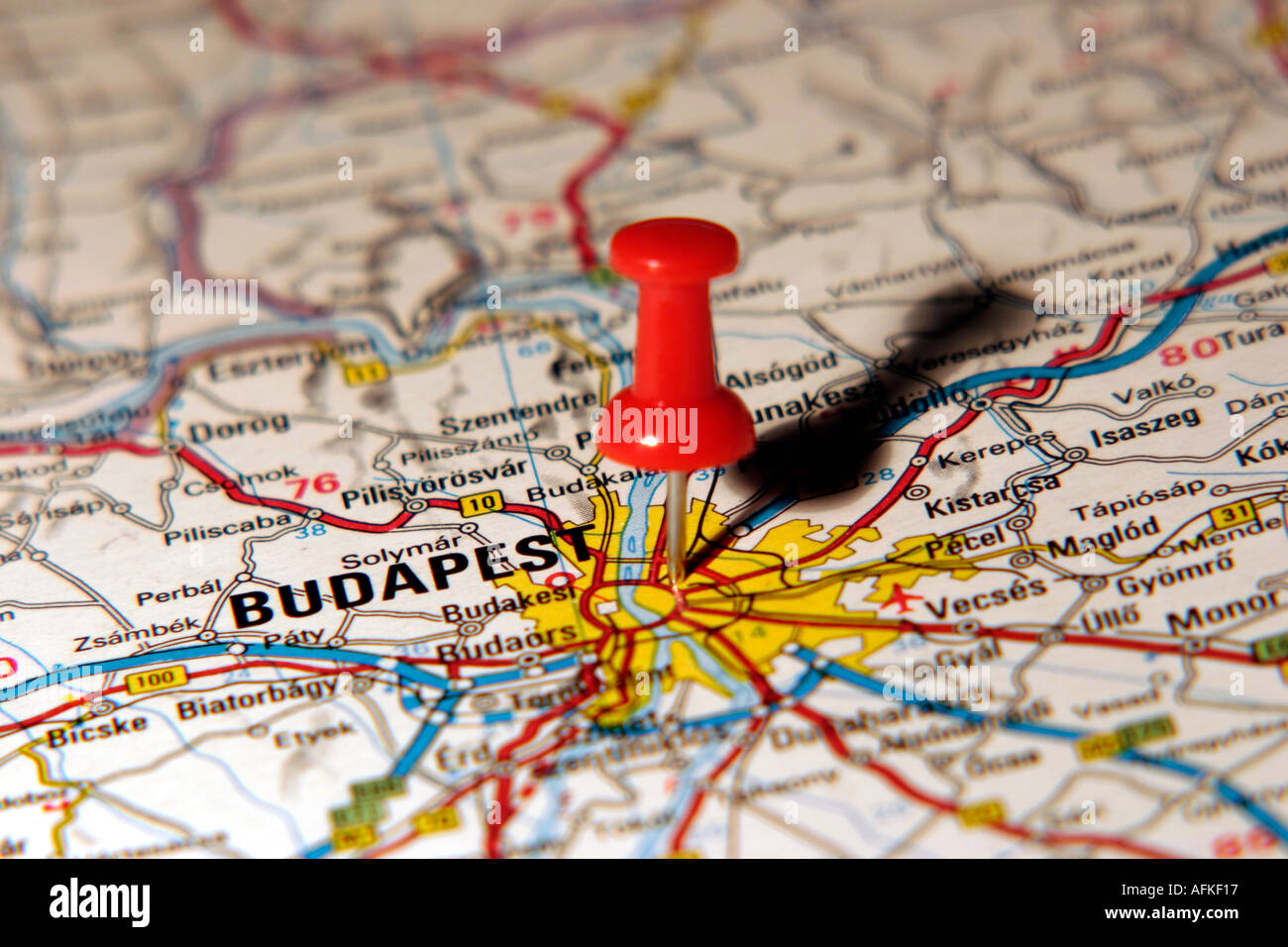 Map Pin pointing to Budapest on a road map Stock Photo - Alamy