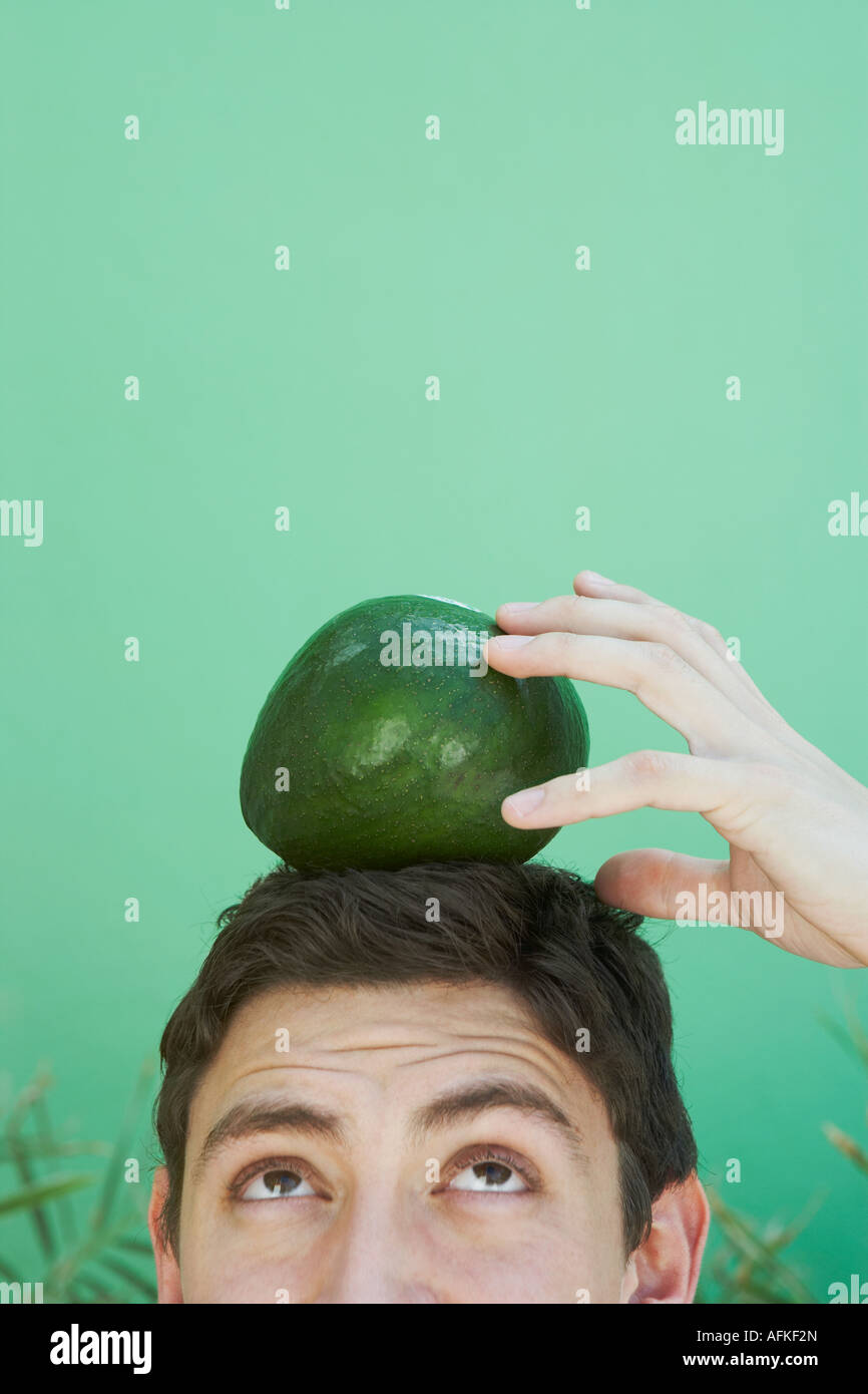 Young man balancing an avocado on his head Stock Photo - Alamy