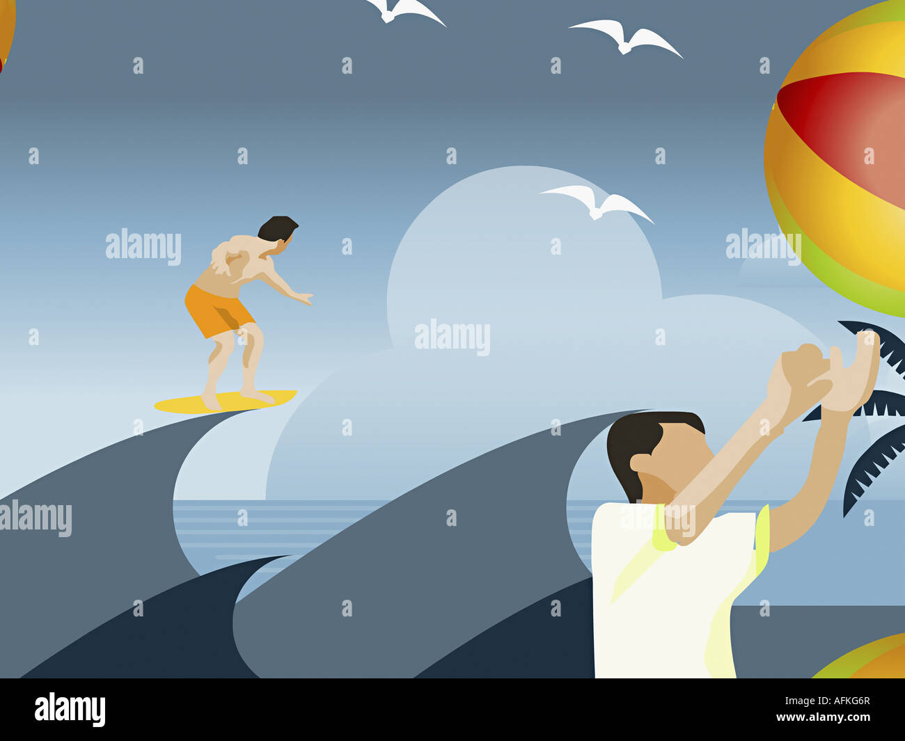 Person surfboarding with another playing with a beach ball Stock Photo ...