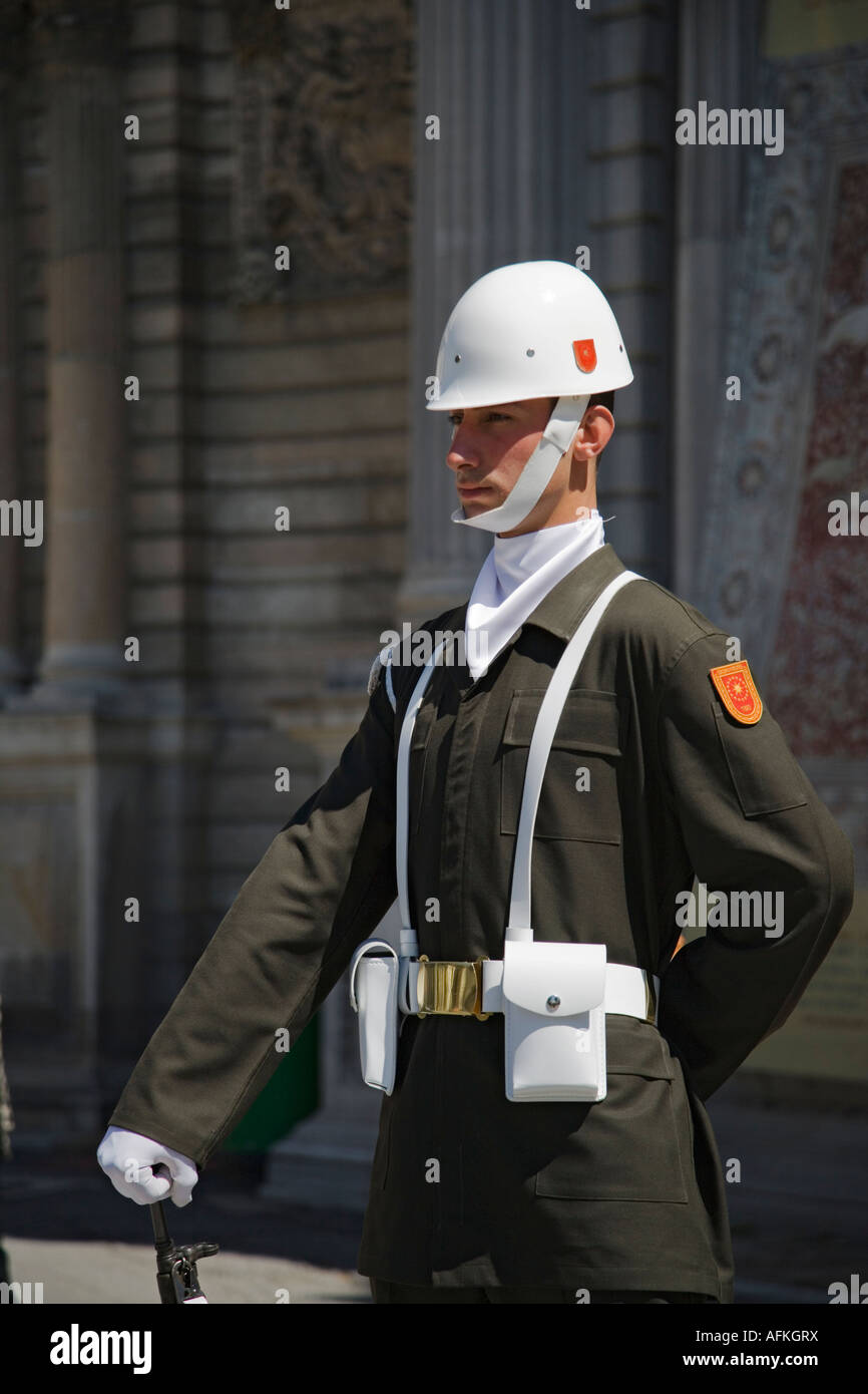 A ceremonial guard stands outside the Dolmabahce Palace in Istanbul ...