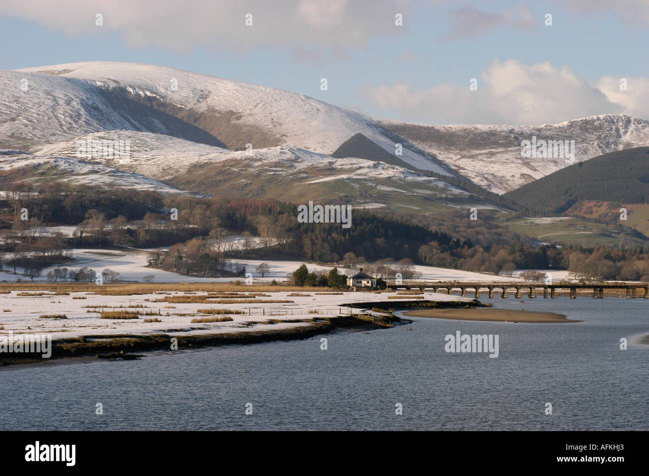 The Dyfi Dovey valley estuary and river after a snowstorm snowdonia ...