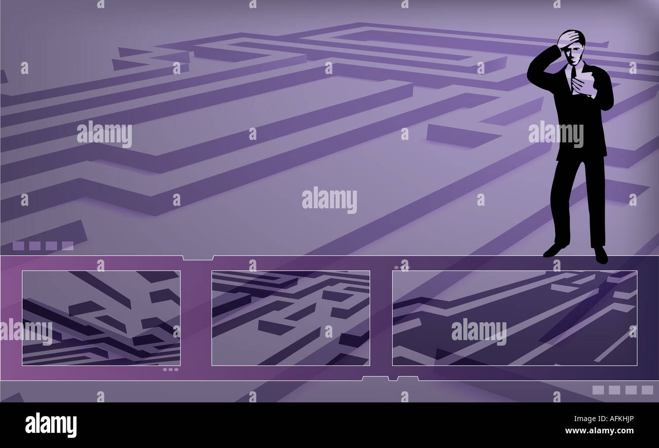 Businessman standing on a maze looking confused hi-res stock ...