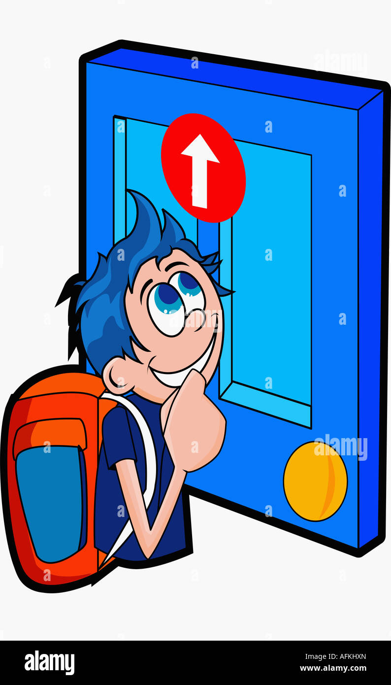 Boy looking at an arrow sign Stock Photo - Alamy