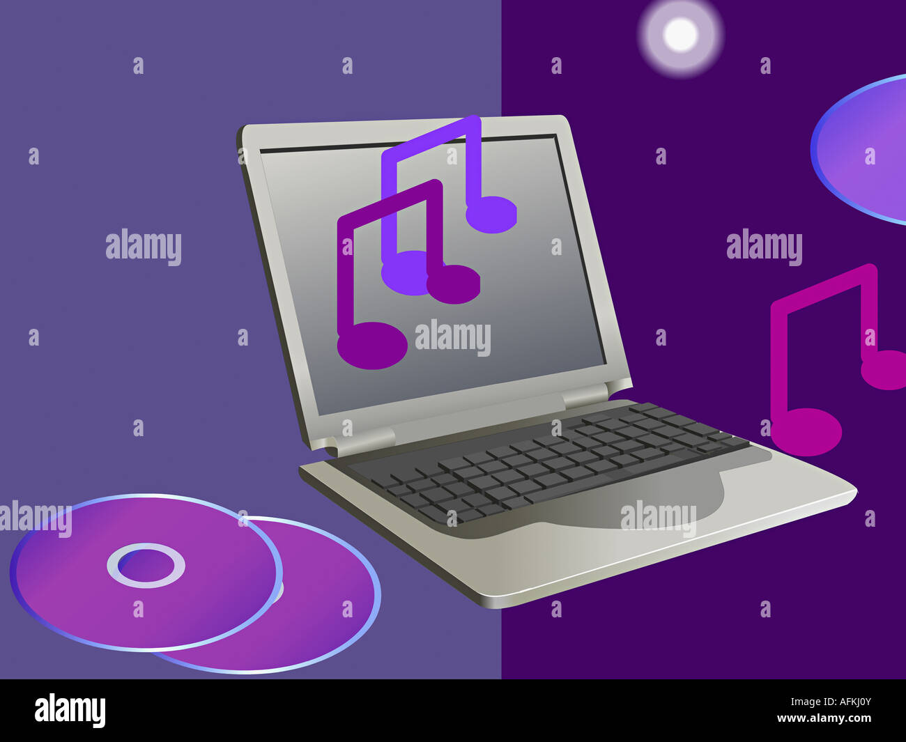 Laptop with CD s and musical notes Stock Photo - Alamy