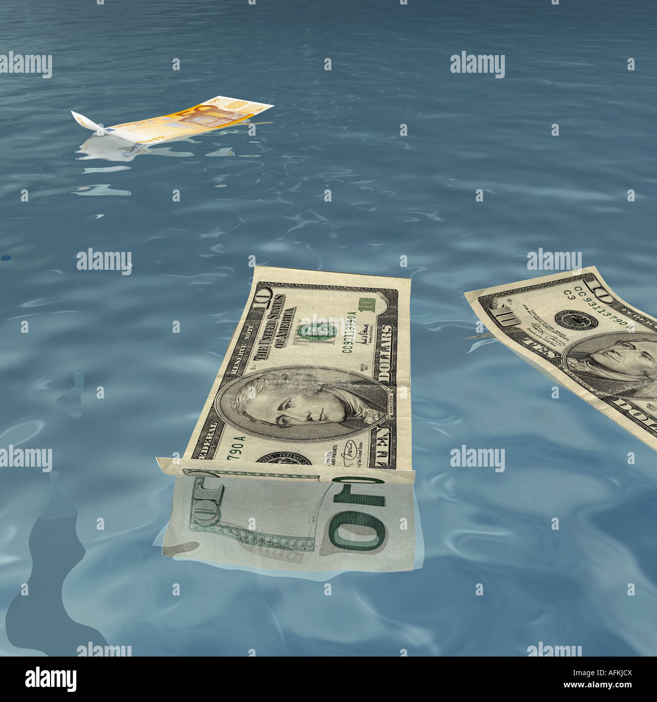 American and Euro bank notes floating on water Stock Photo - Alamy