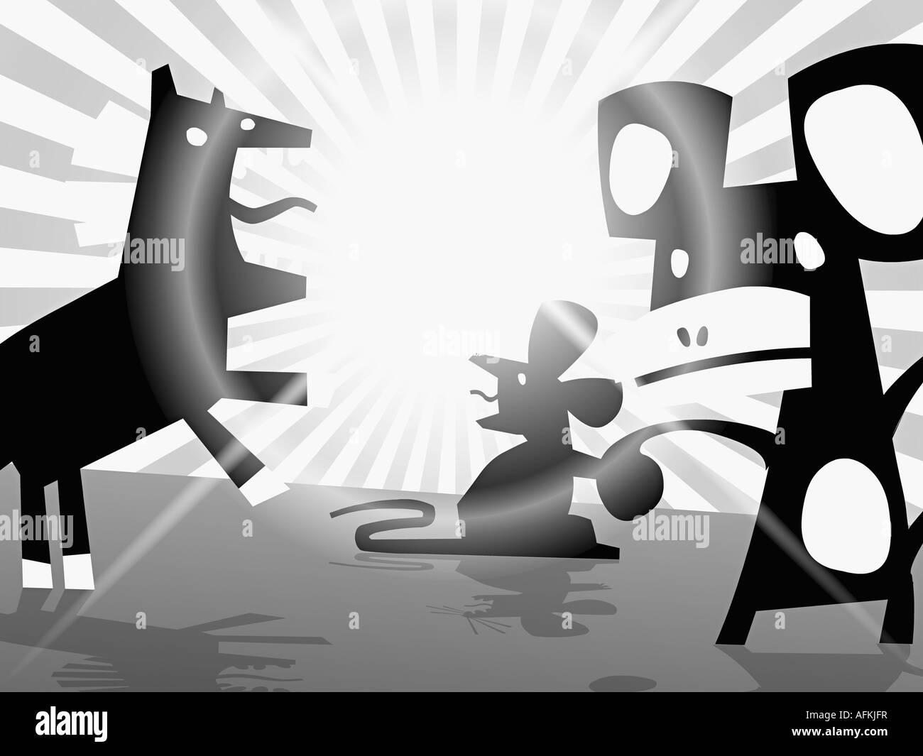 Three animals in front of the rising sun Stock Photo - Alamy