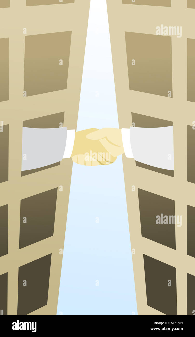 Human hands shaking across two buildings Stock Photo - Alamy