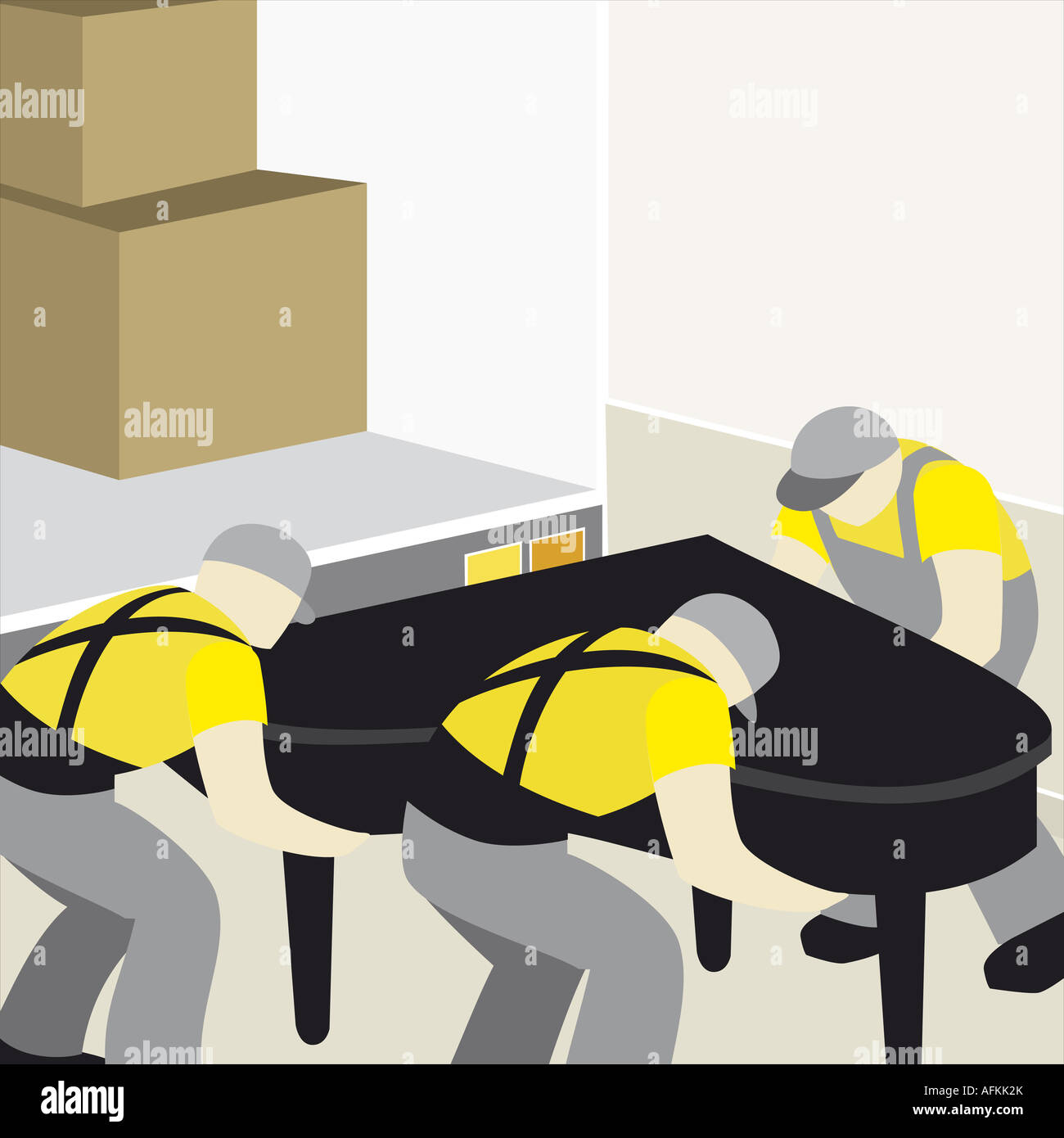 High angle view of three men lifting a piano Stock Photo - Alamy