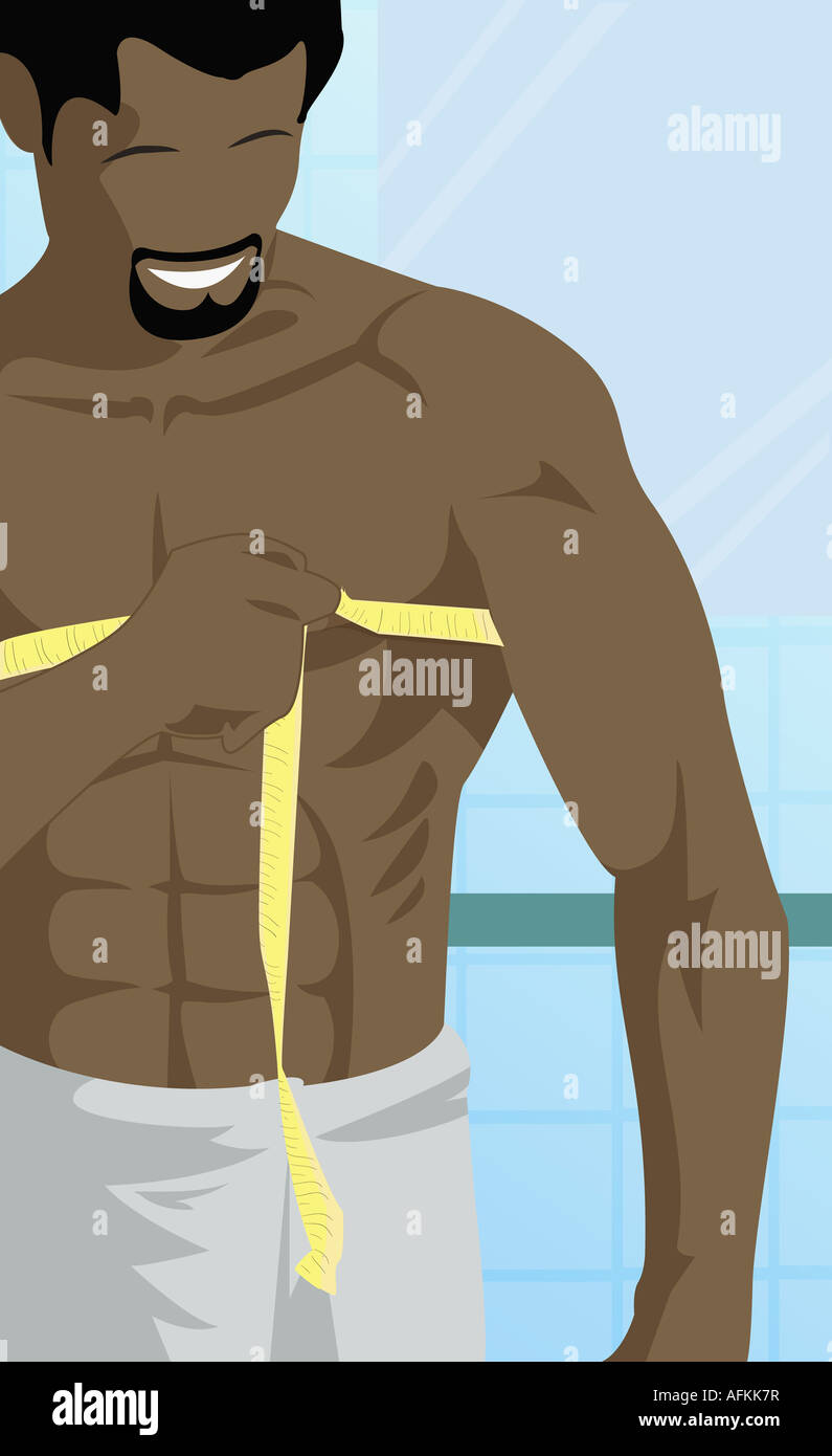 Man measuring his chest with a measuring tape Stock Photo - Alamy