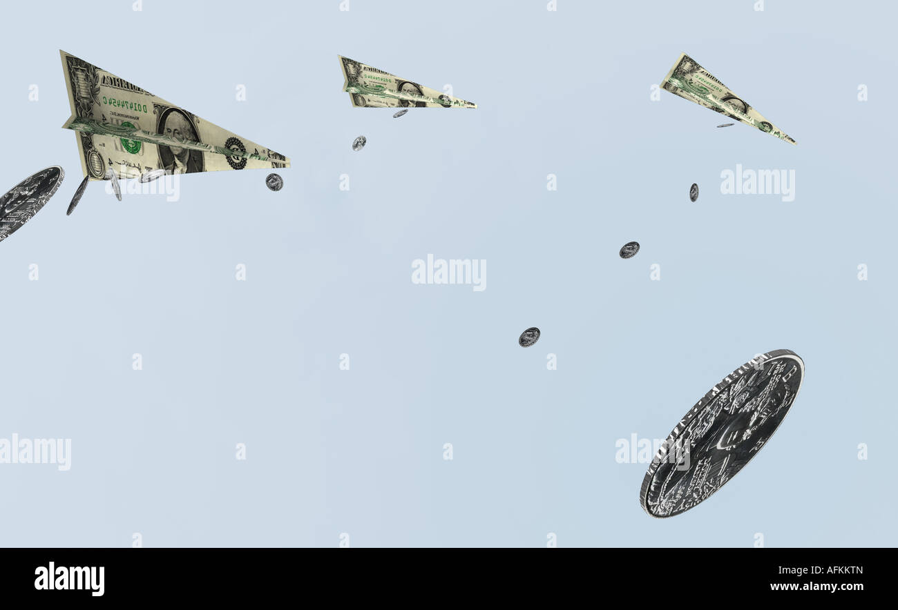 Paper currency notes and coins flying Stock Photo - Alamy