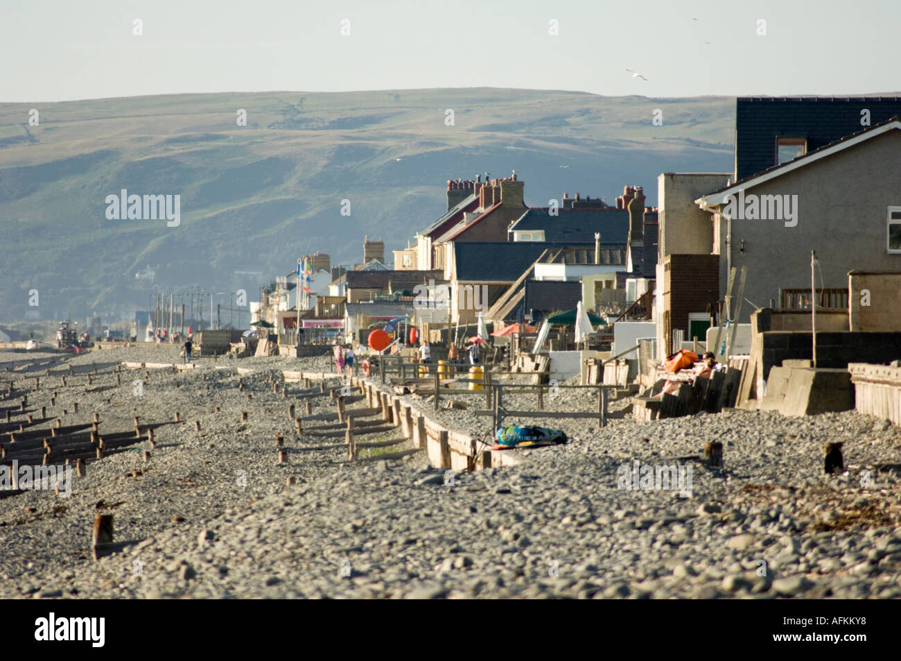 The seafront beach and village of Borth on Cardigan Bay coast Wales UK ...
