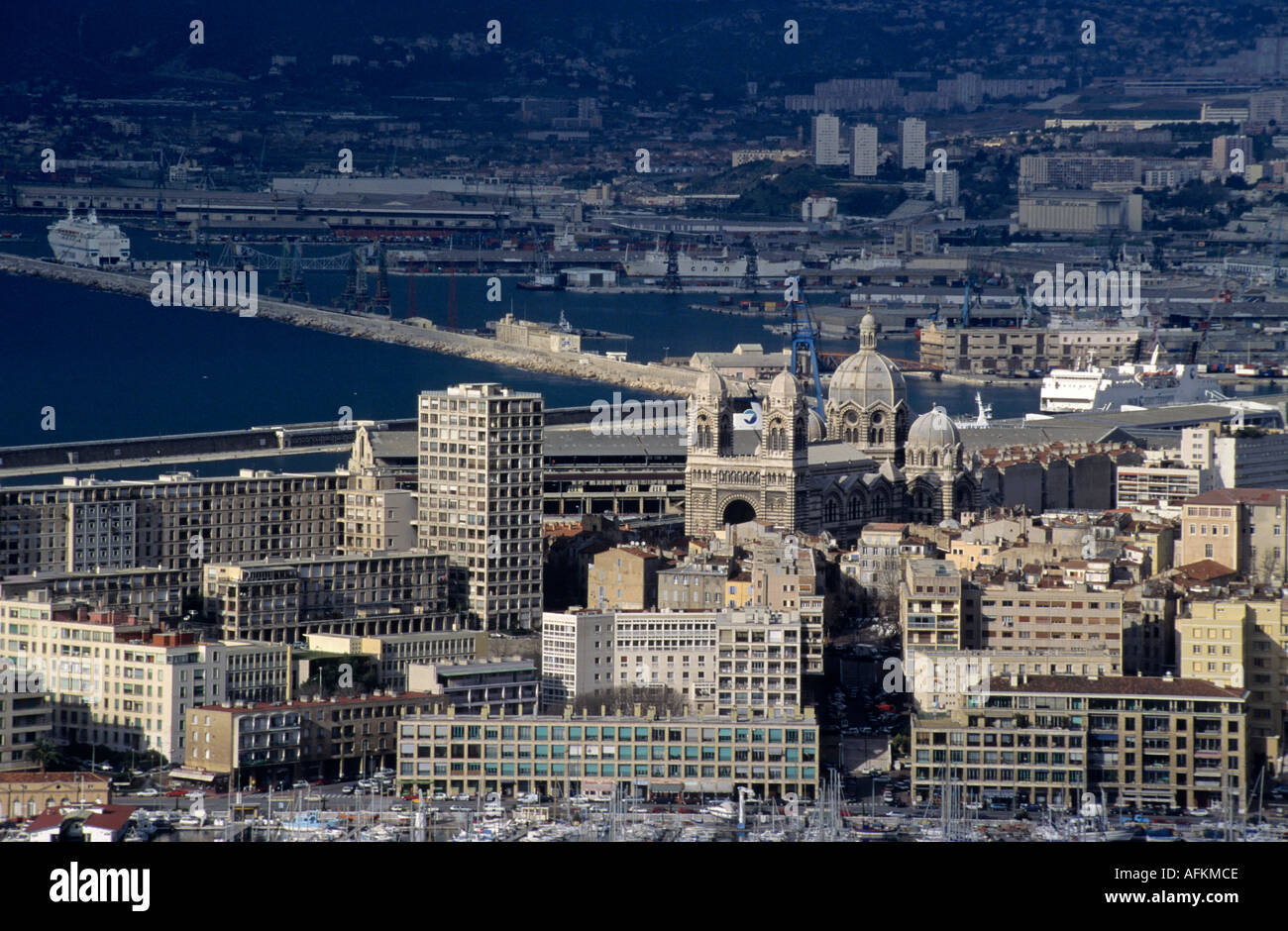 The Marseilles Cathedral and surrounding waterfront districts ...