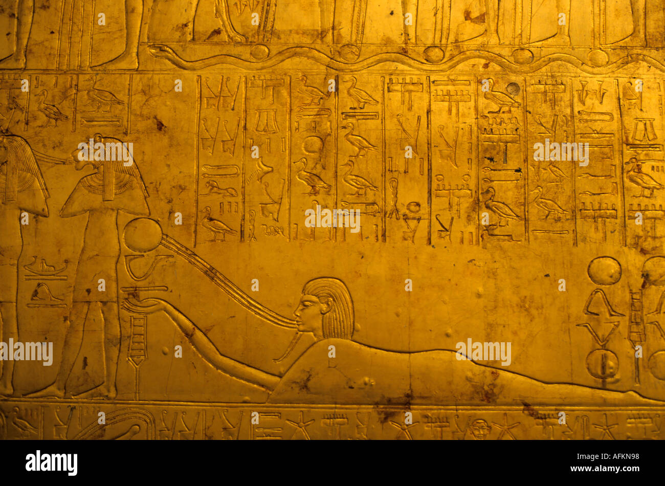 Hieroglyphics on Tutankhamun's gold tomb at the Egyptian Museum in Stock Photo: 4561303 - Alamy