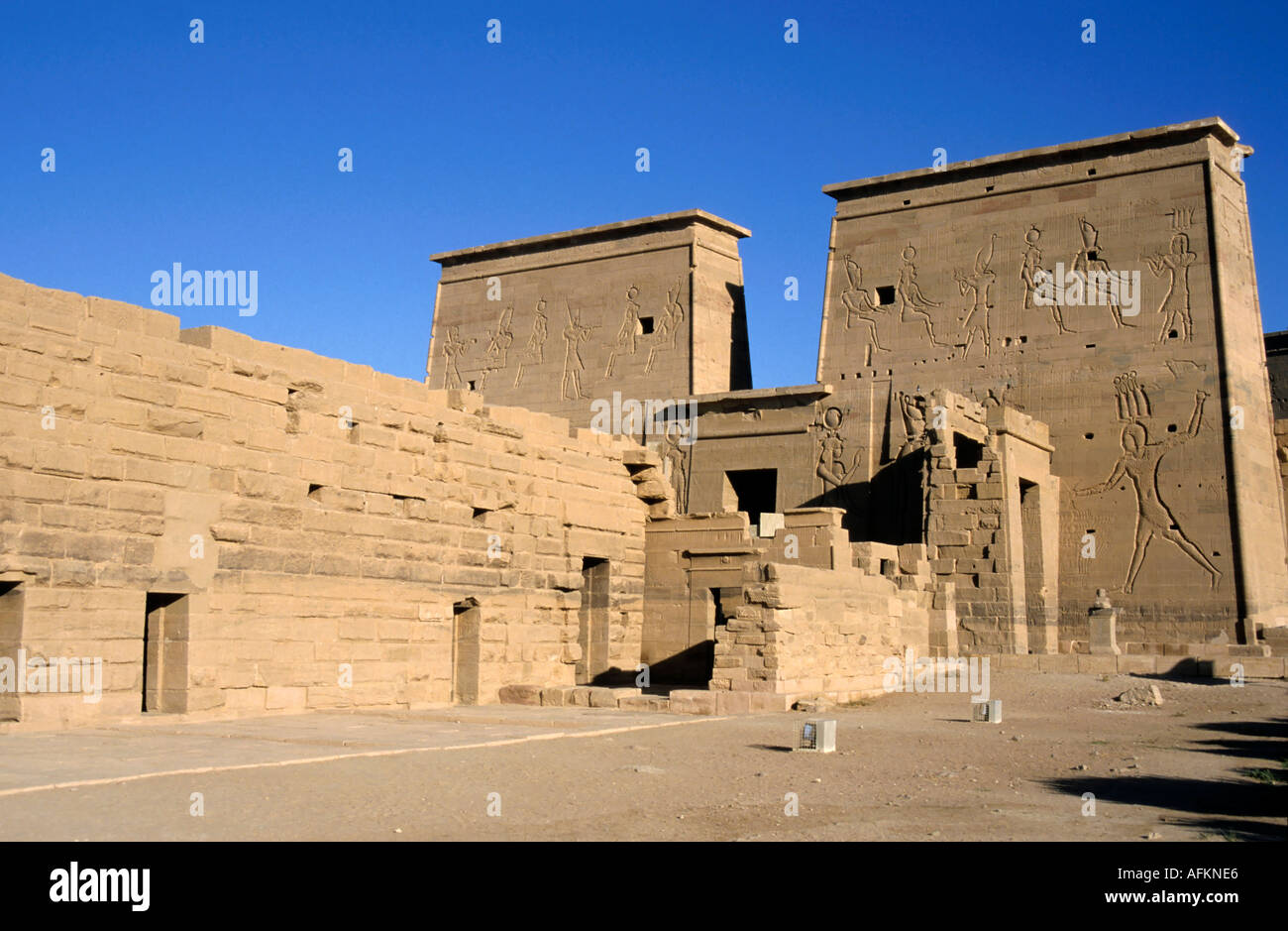 Stone walls of the Temple of Isis First Pylon at Philae, Egypt Stock ...