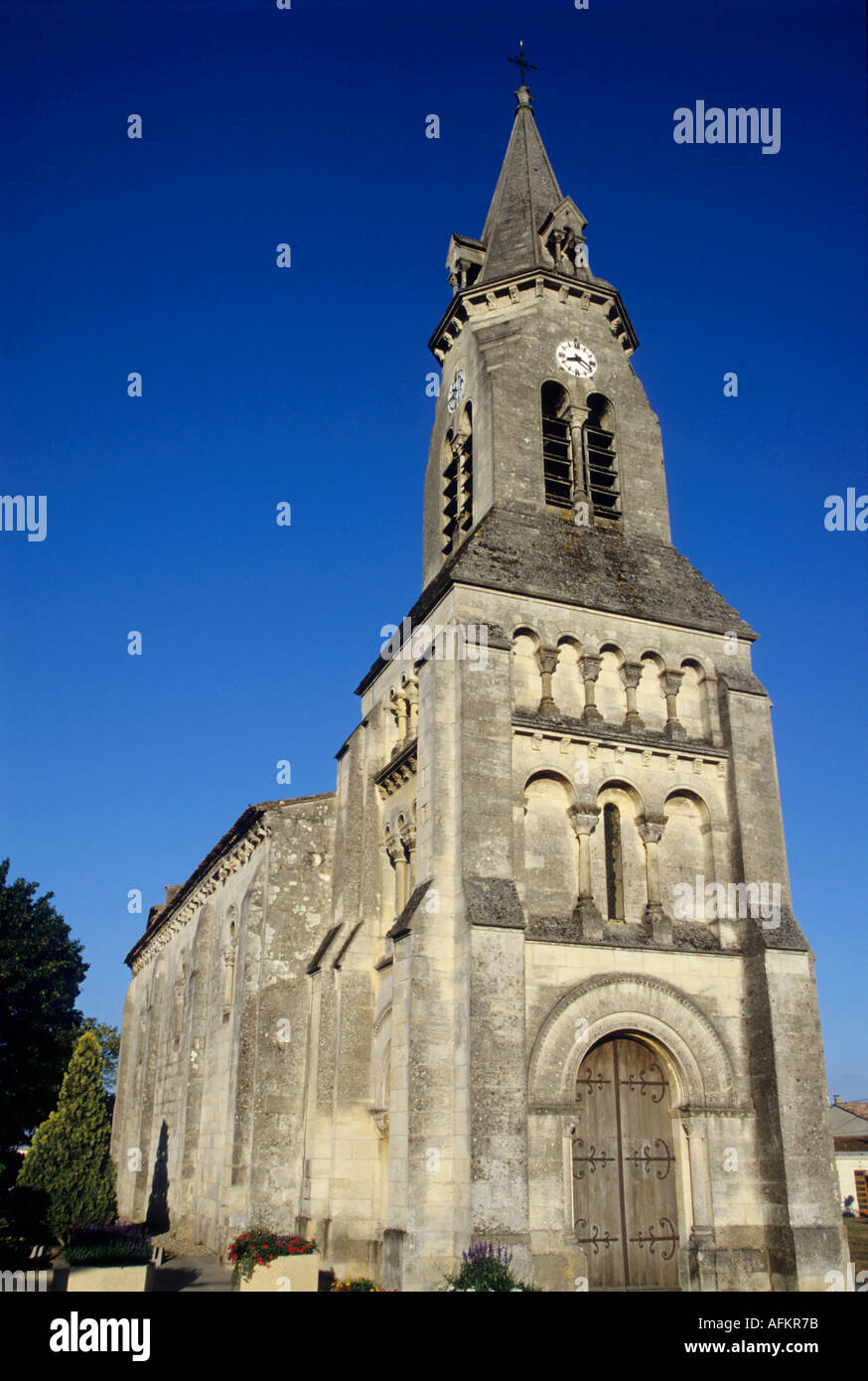 Facade and bell tower of an old church, Bouliac, Gironde, France Stock ...
