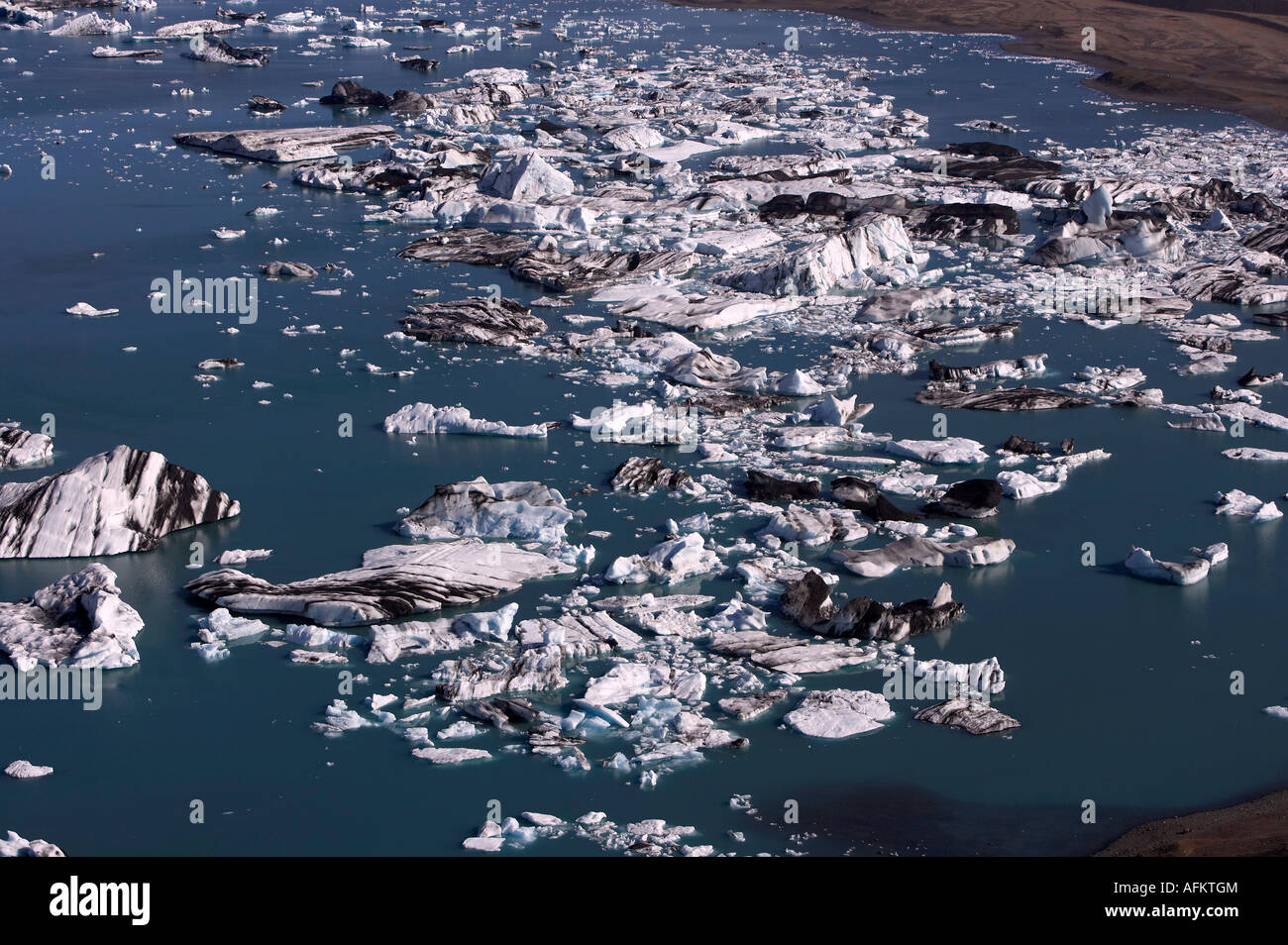 Aerial photo of Ice cubes at the lake Jokulsarlon south east of Iceland ...