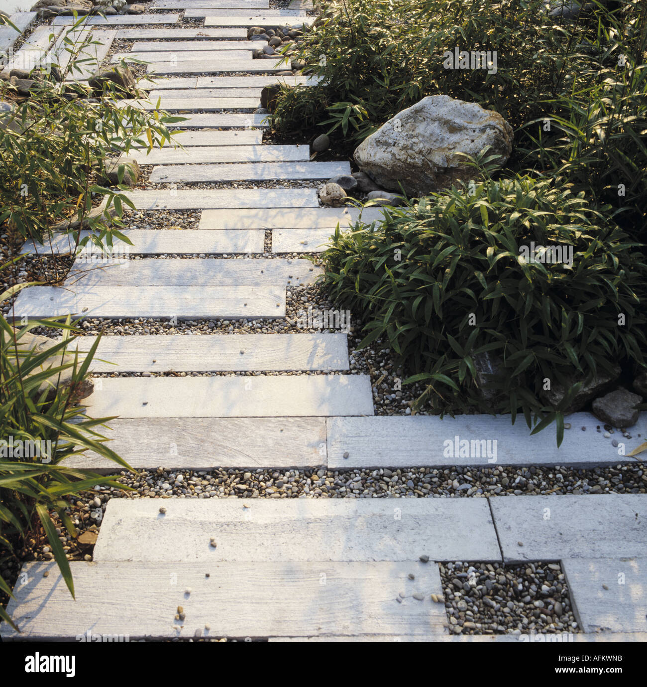 Close-up of garden path with rectangular wood slabs in-filled with ...