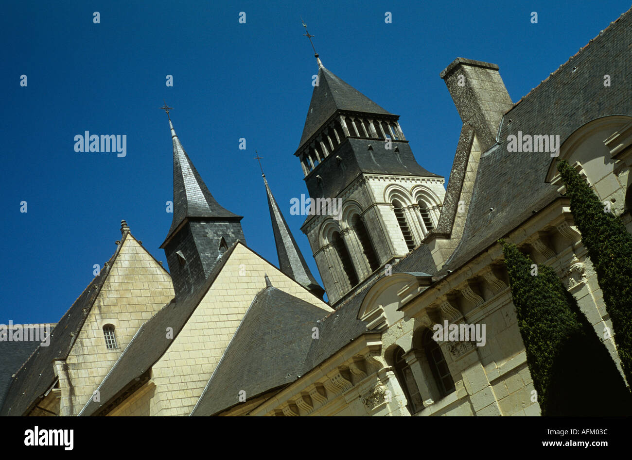 The tower of the Abbey church and the surrounding rooves at Fontevraud ...