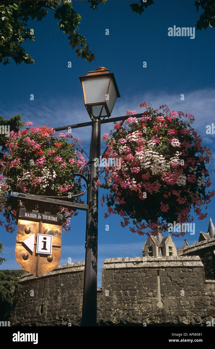 Ornamental flower baskets on a lamp post with the chateau ramparts in ...
