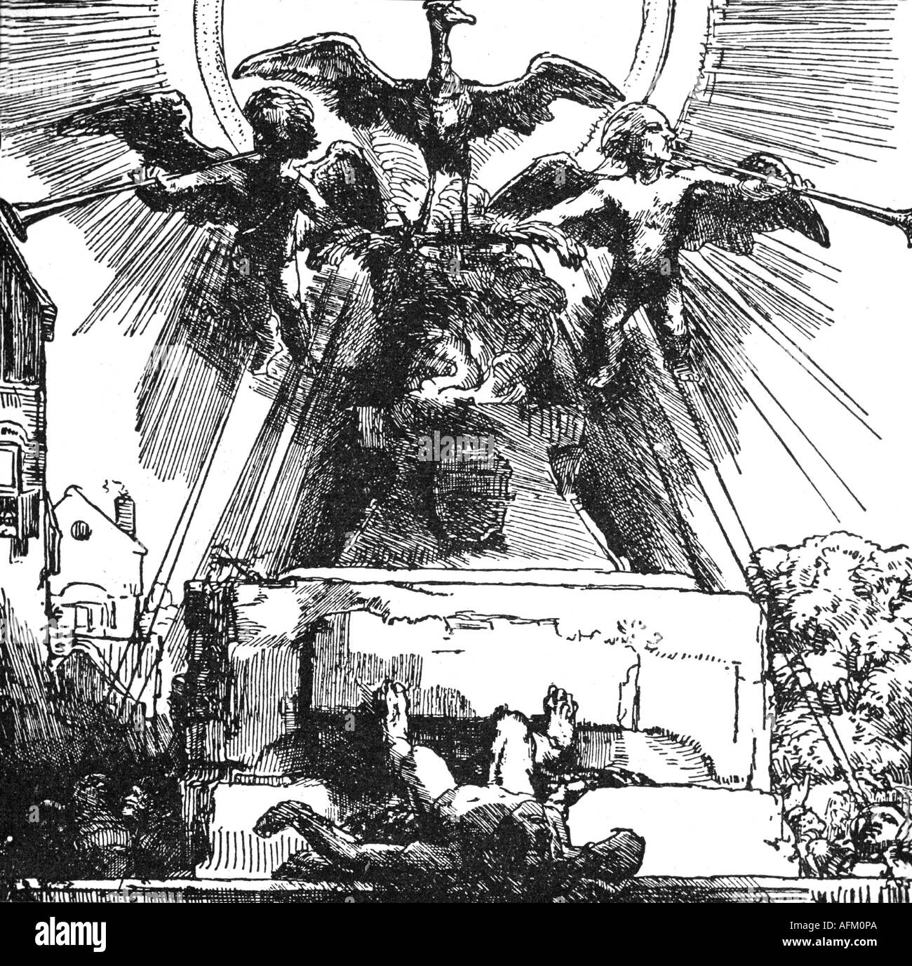 superstition, mythical creatures, phoenix, rising from fire, etching by ...