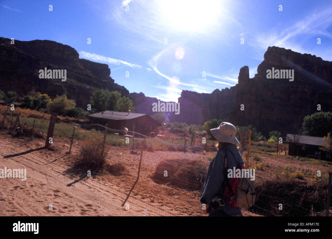 A visitor walking in Havapu canyon home of the Havasupai people in the ...