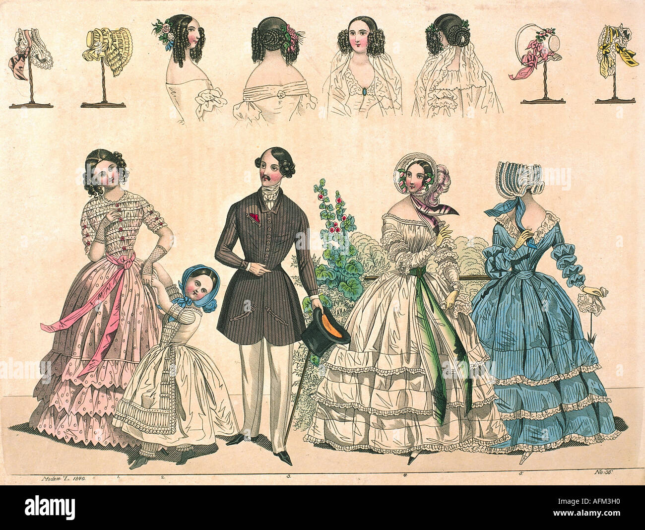 fashion, 19th century, ladies' and mens' fashion, coloured engraving ...