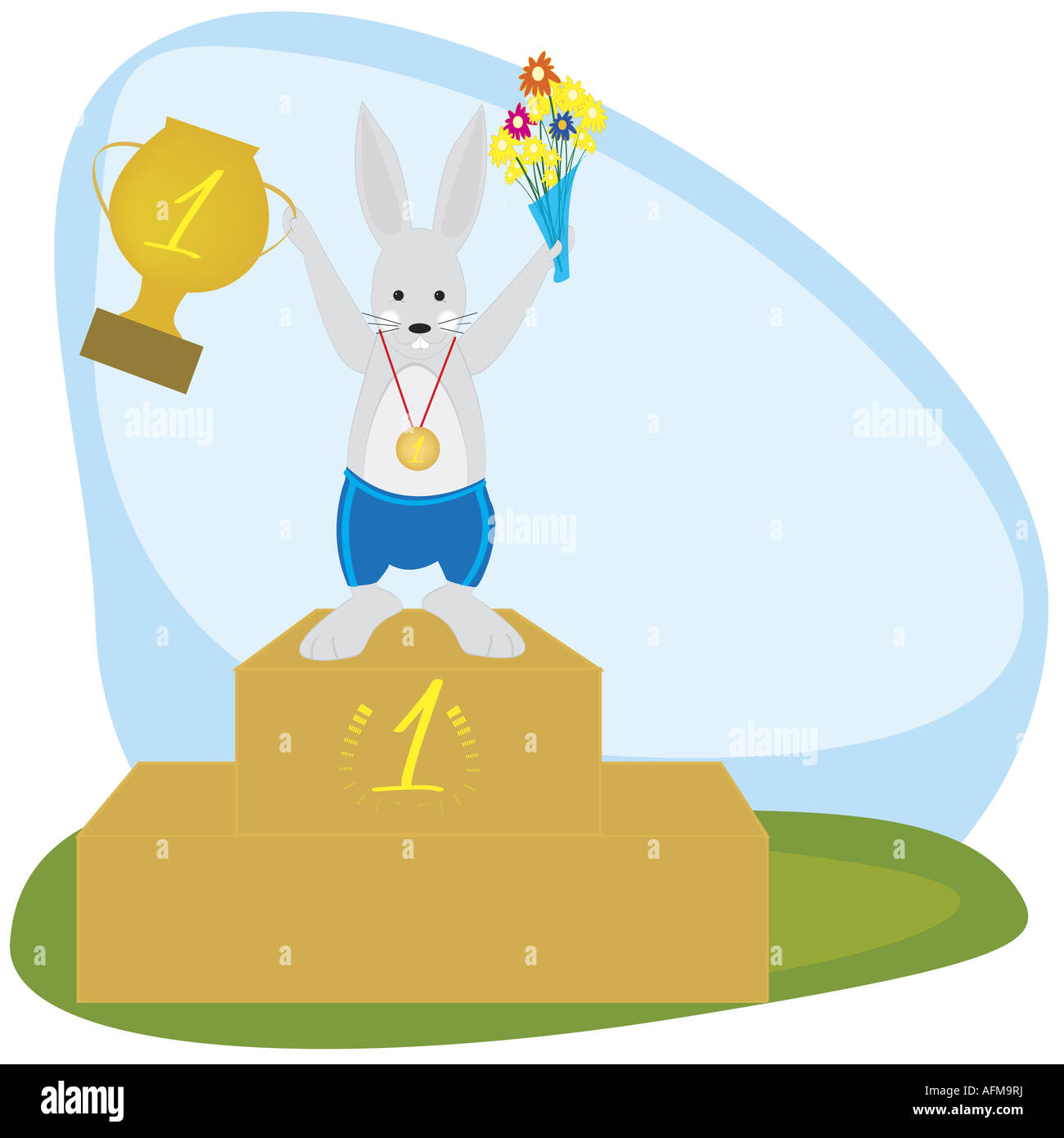 Rabbit standing on podium with trophy bouquet hi-res stock photography ...