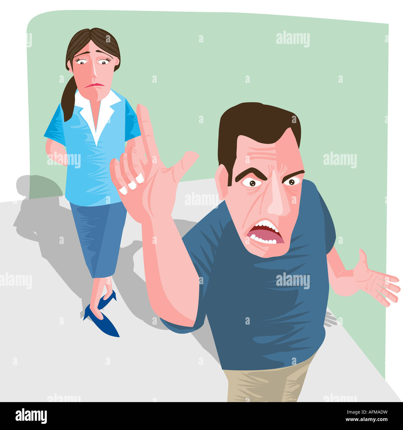 High angle view of a man scolding a woman standing behind him Stock ...