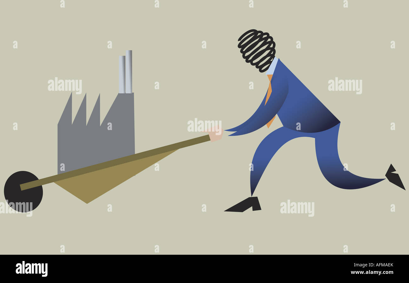 Businessman pushing skyscrapers in a wheelbarrow Stock Photo - Alamy