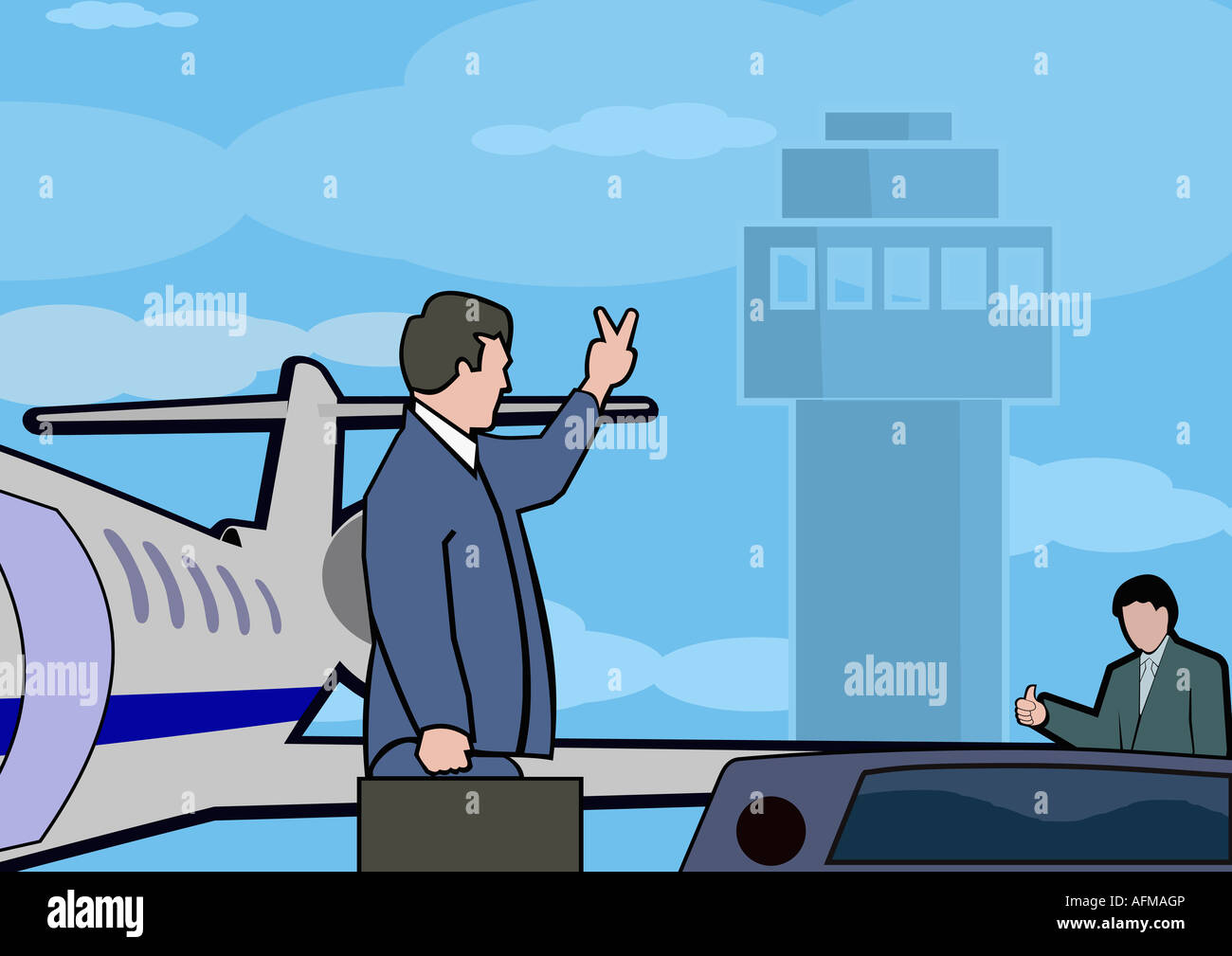 Businessman boarding a plane waving goodbye Stock Photo - Alamy