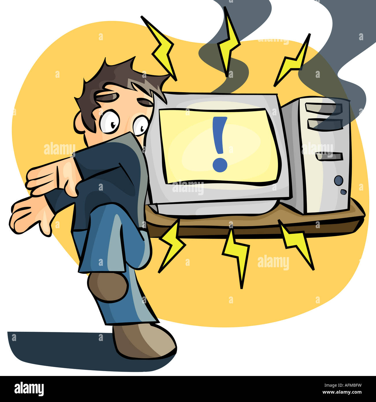 Man standing near a computer emitting smoke Stock Photo - Alamy