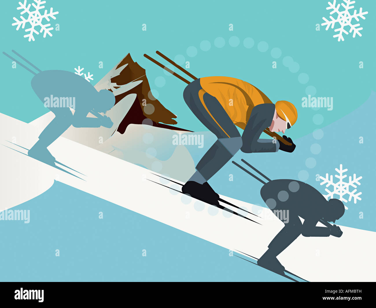 Side profile of three people skiing Stock Photo - Alamy