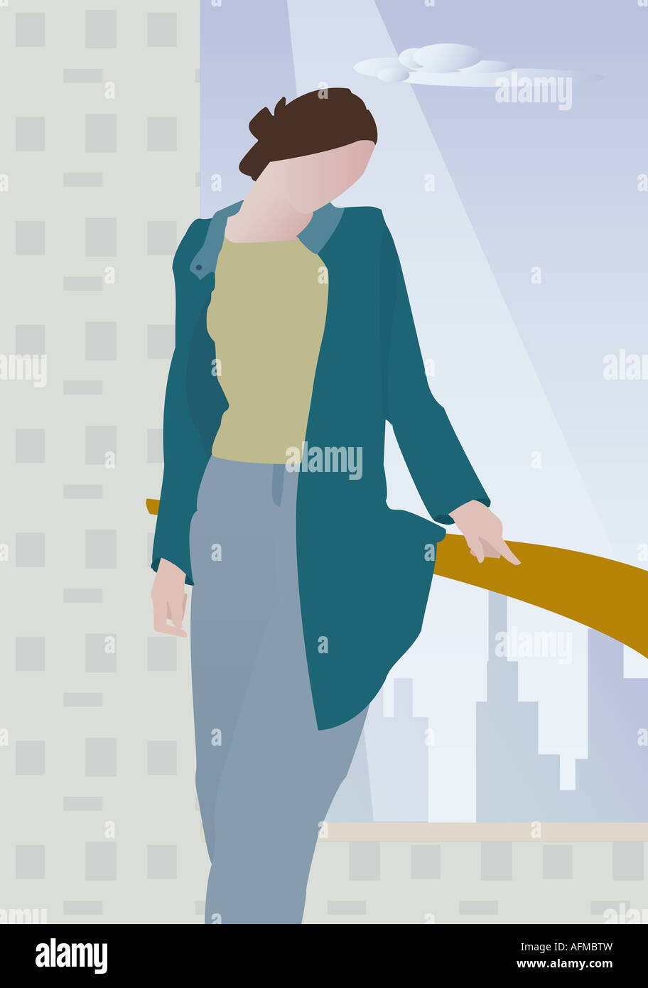 Woman leaning against a railing Stock Photo - Alamy