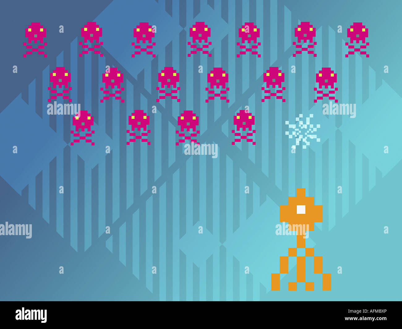 Warning signs in a row against a blue background Stock Photo - Alamy