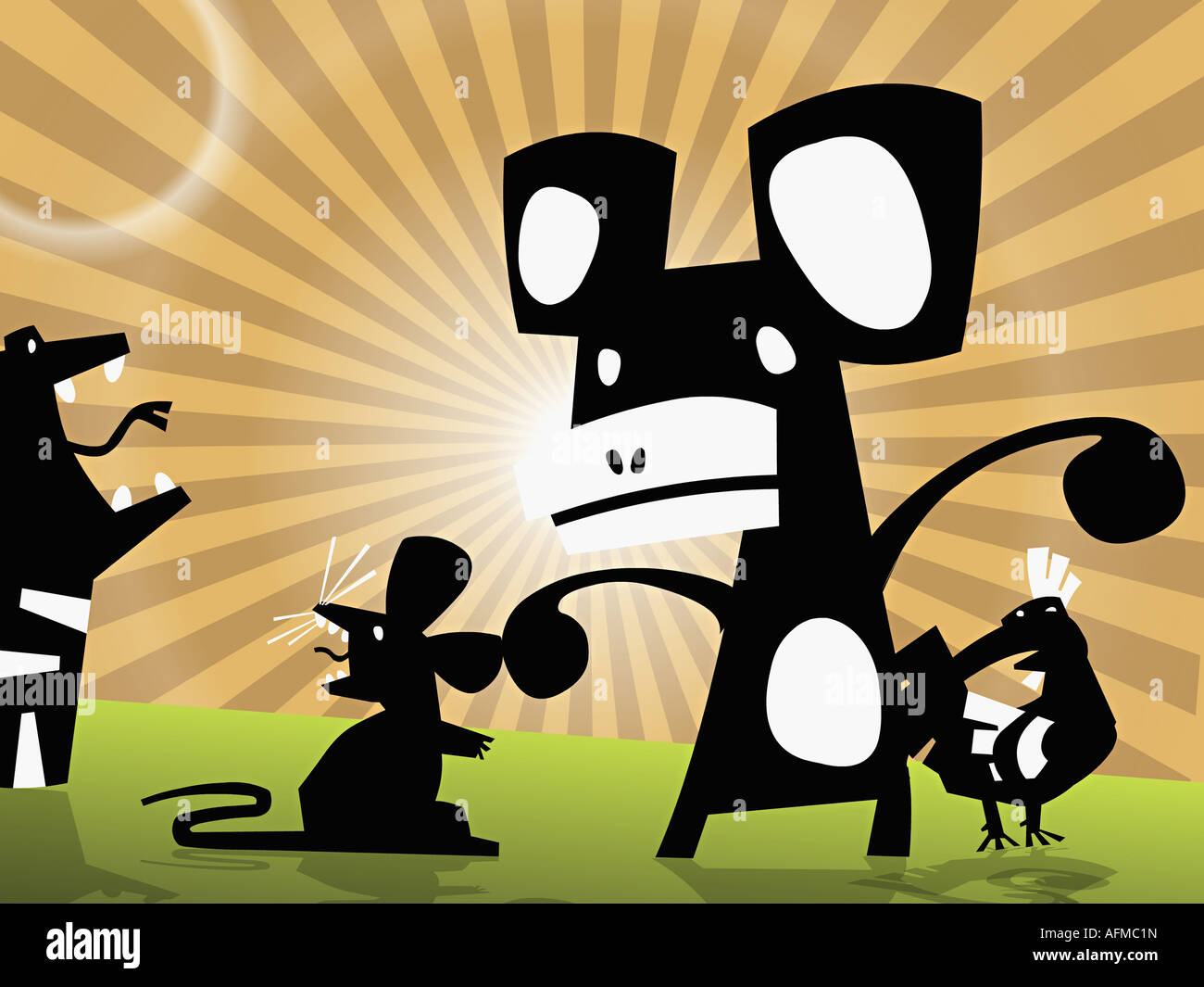 Four animals in front of the rising sun Stock Photo - Alamy