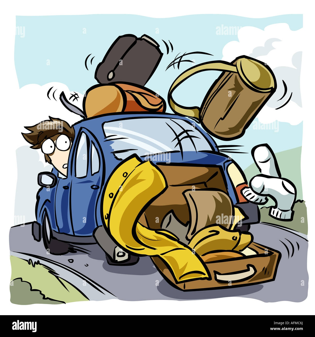 Man looking back at his luggage falling from his car hi-res stock ...